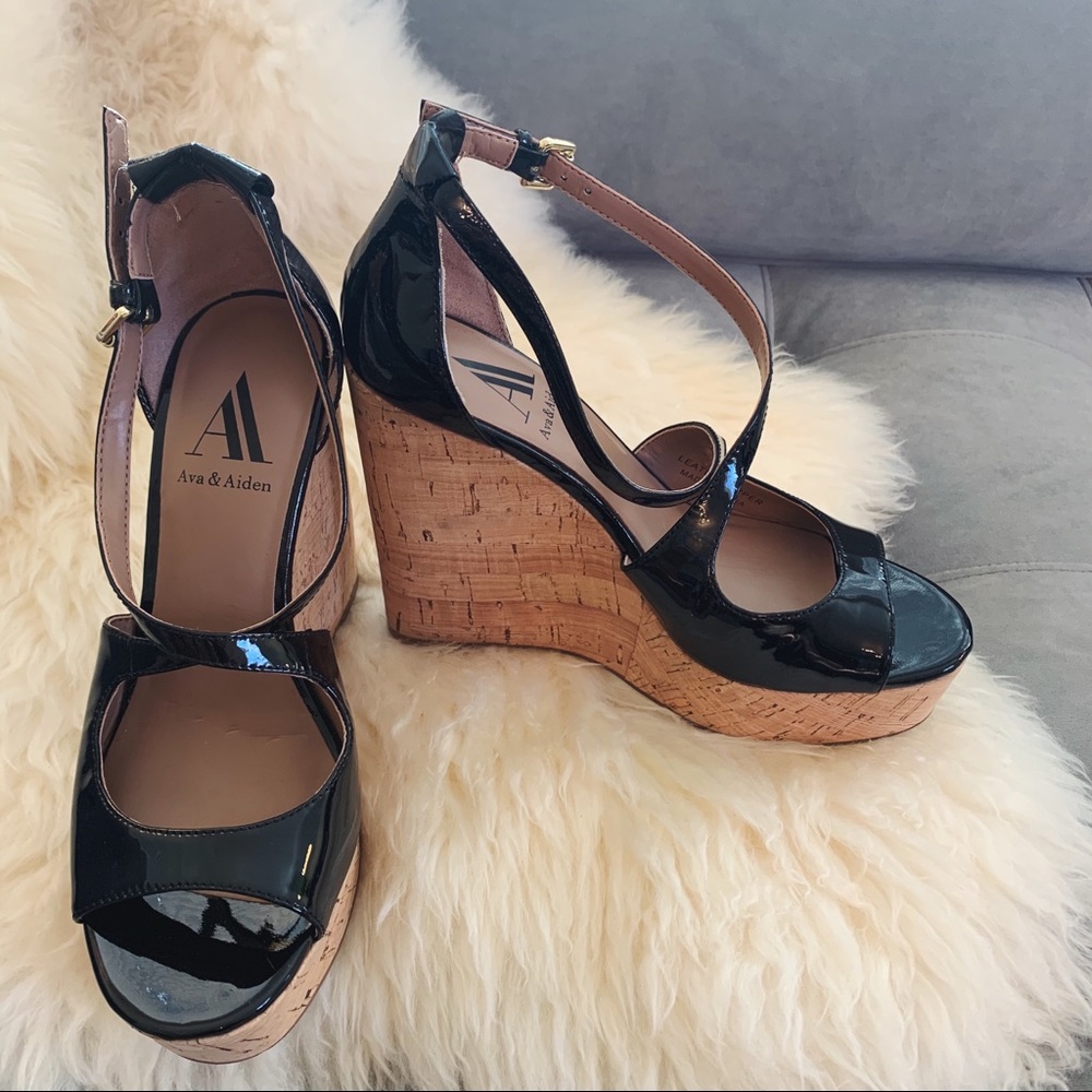 Ava & Aiden Black Patent Darcy Wedges - Gem Ava & Aiden Black Patent Darcy Wedges - Gem
